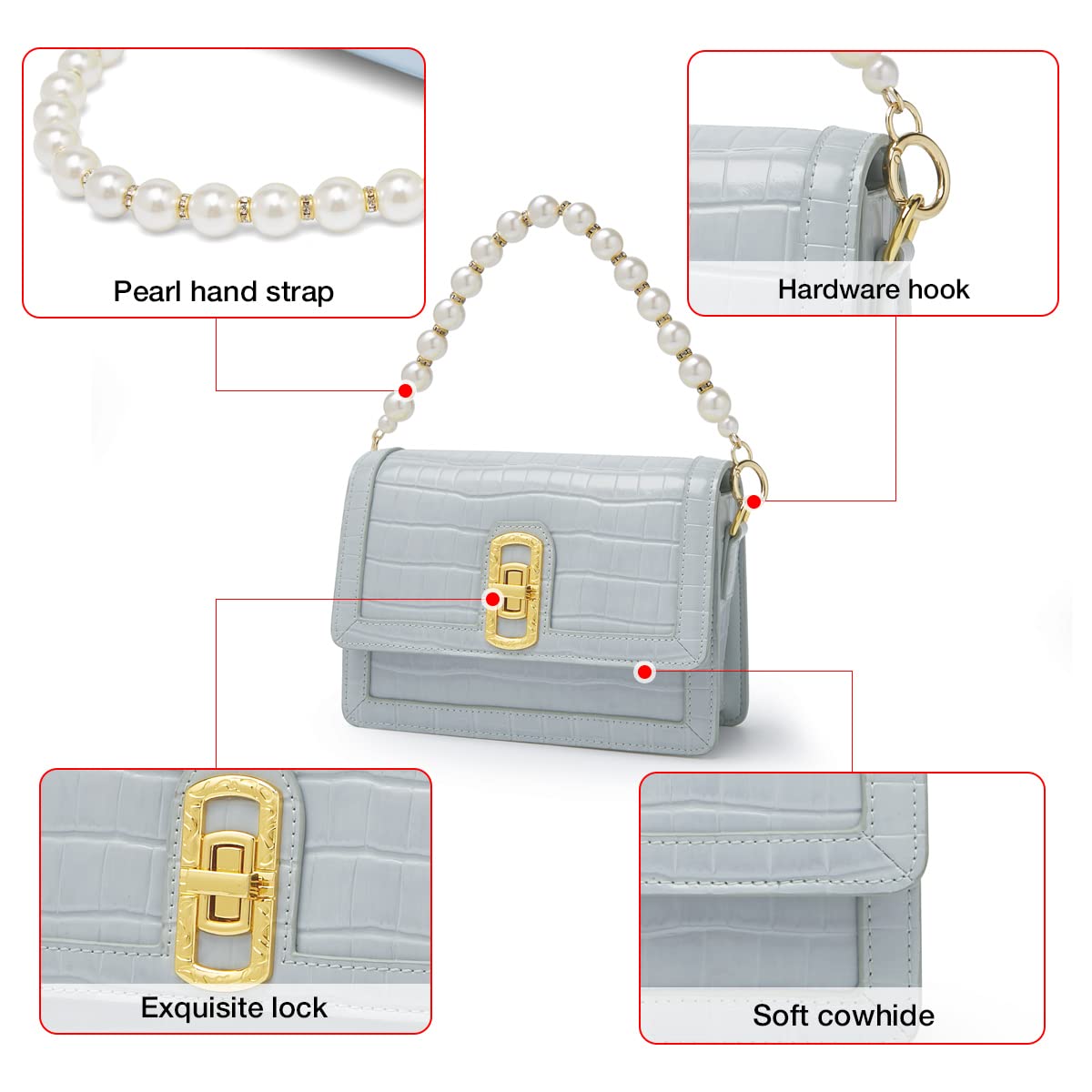 Leather Satchel Handbags for Women, Cowhide Leather Crossbody Bags with Pearl Handle Shoulder Strap(Blue)