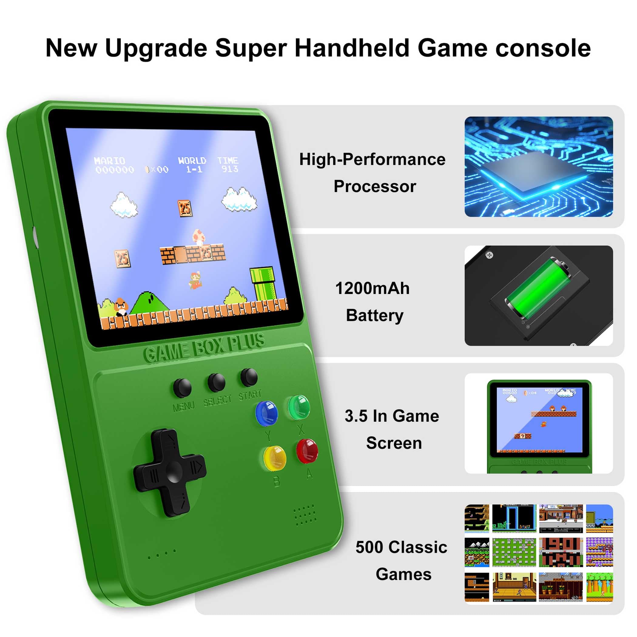 Heiko Retro Portable Handheld Game Console to Experience 500 Classic Games Anytime Anywhere, 3.5In Screen Video Game Console 1200mAh, Handheld Video Game Support for Connecting TV & Two Players(Green)