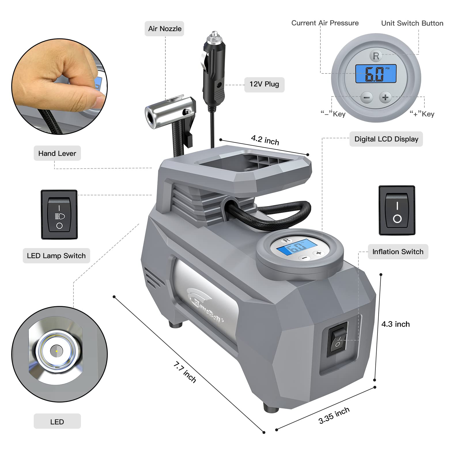 HAUSBELL tire inflator portable air compressor for car, portable air pump for car tires, Handle up to 4 Tires at a Time, 12V DC Car Air Pump, 150 PSI with Emergency LED Light (Grey)