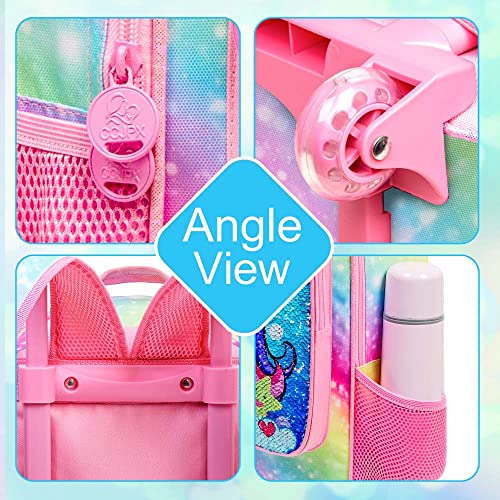 TXHVO 3PCS Rolling Backpack for Girls, Kids Rainbow Unicorn Bookbag with Roller Wheels, Cute Suitcase School Bag Set for Elementary Toddler