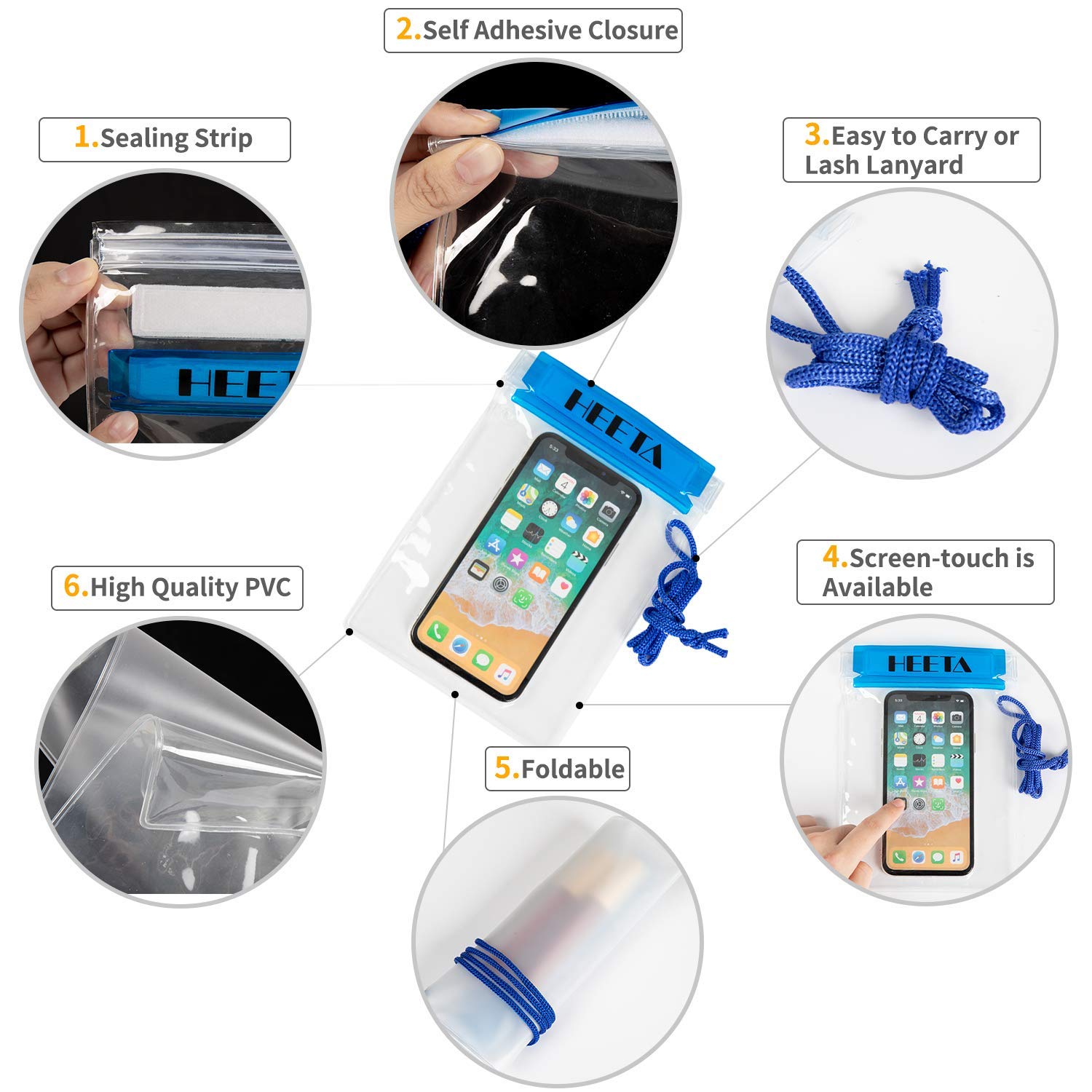 HEETA 2-Pack Waterproof Pouch with Waist Strap, Transparent Screen Touchable Dry Bag Bundle with 3-Pack Clear Waterproof Dry Bag