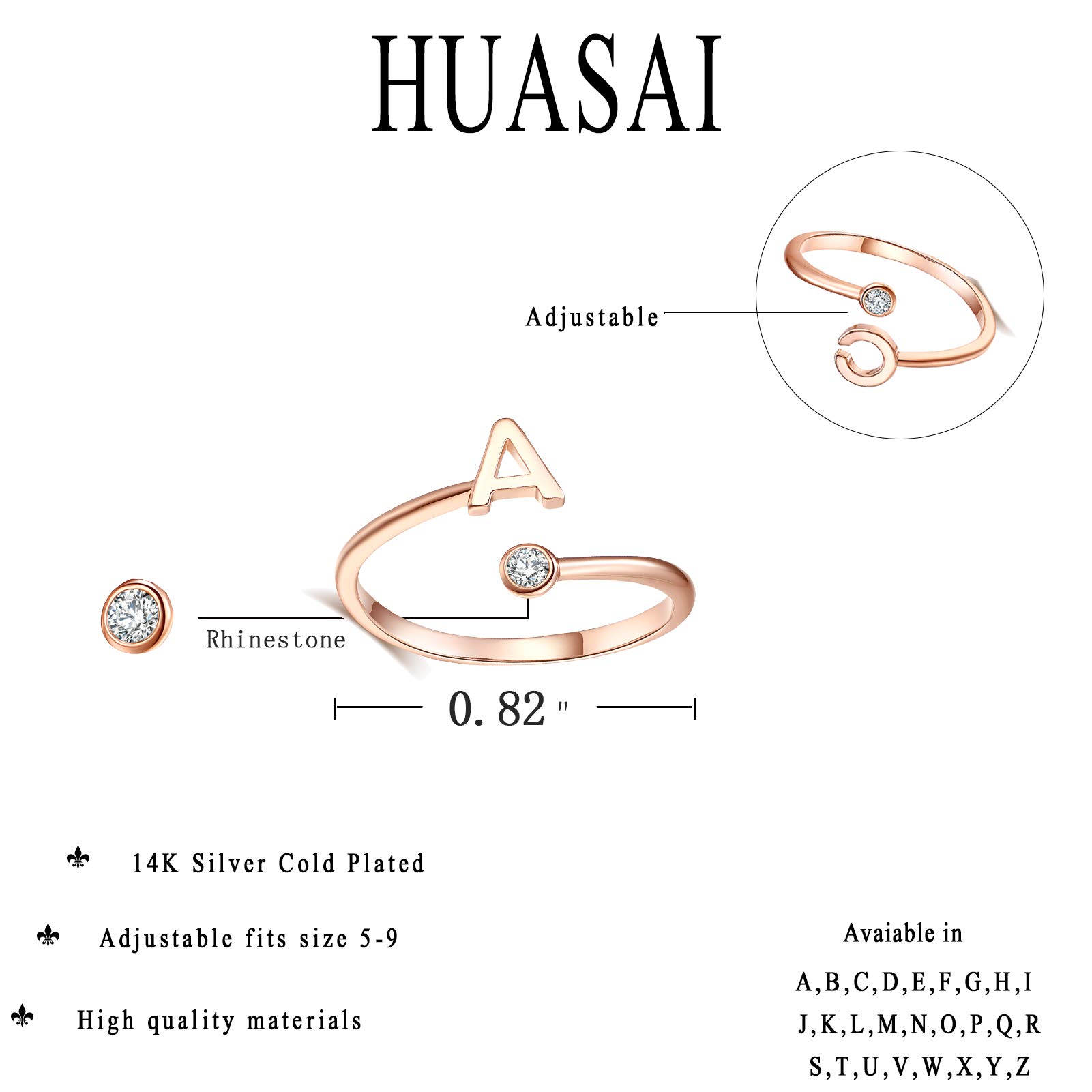 HUASAI Ross Gold Initial Ring for Women Adjustable 26 Stackable Alphabet Rings with Initial Name Knuckle Ring for Bridesmaid Gift(M)