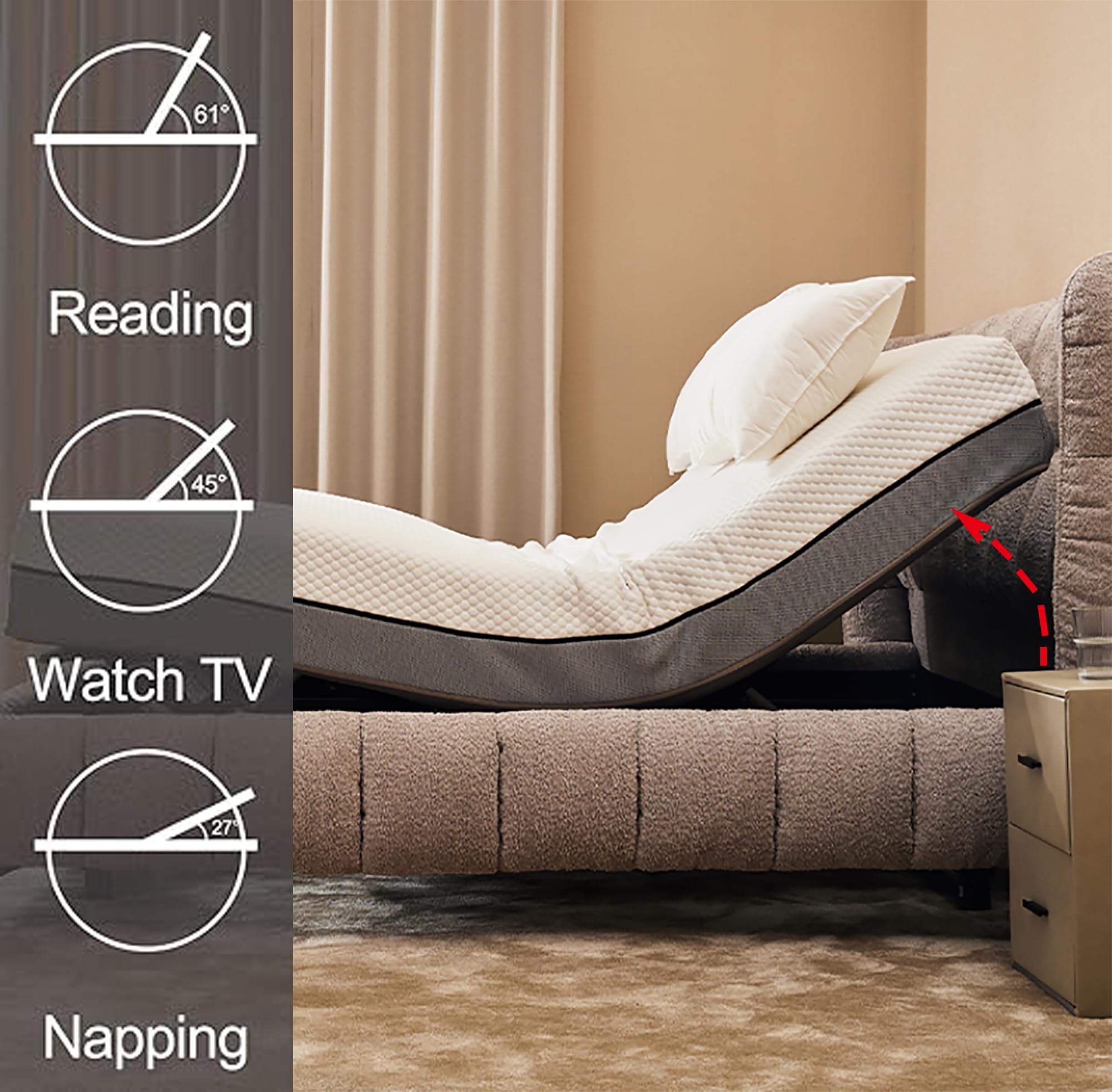 Gustonhon Electric Adjustable Bed Base,Bed Frame with Wireless Remote,Zero Gravity Ergonomic Bed Base with Head and Foot Incline,Memory Pre-Sets,Quiet Motor for Adults Seniors (King)