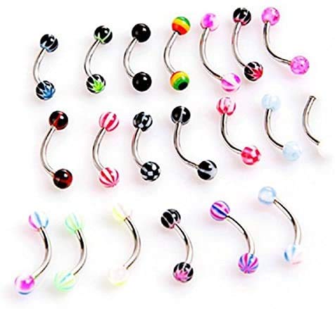 Hinleise Colorful Stainless Steel Ball Barbell Curved Eyebrow Rings Bars Tragus Piercing(20 pieces)