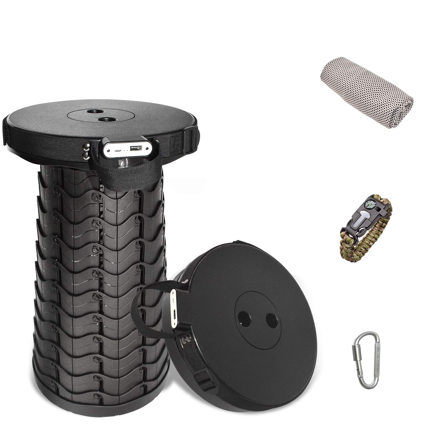 Heibond Upgraded Folding Stool with Power Bank Function, Max Load 400lbs Portable Retractable Stool with Cooling Towel, Survival Bracelet and Carabiner Clip, for Camping/Fishing/Hiking/Traving/BBQ