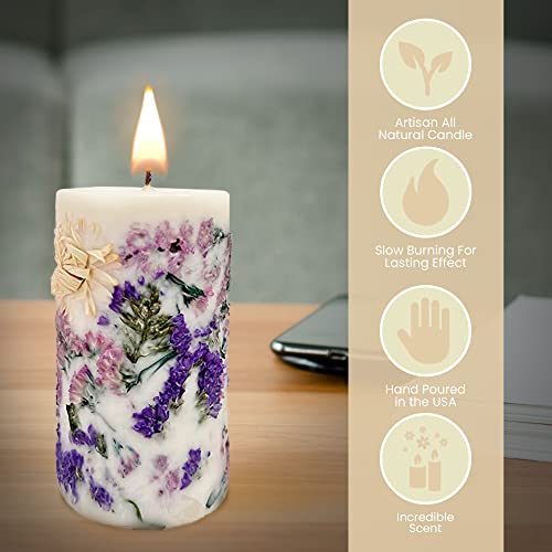 Vionami Aloha Kiwi Passionfruit Scented Pillar Candle with Dried Flowers - Long Burning Natural Soy Wax Scented Candle for Home - Gift-Boxed Hand Poured Luxury Candle with Paper Core Wick (Forget Me)