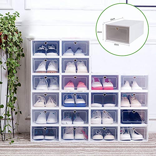 YIPONYT 20 Pack Shoe Box Side Open, Plastic Stackable Shoe Storage Organizer Shoe Container Sneaker Box for Men Women Shoe (13.0 x 9.1 x 5.5 inches, White)