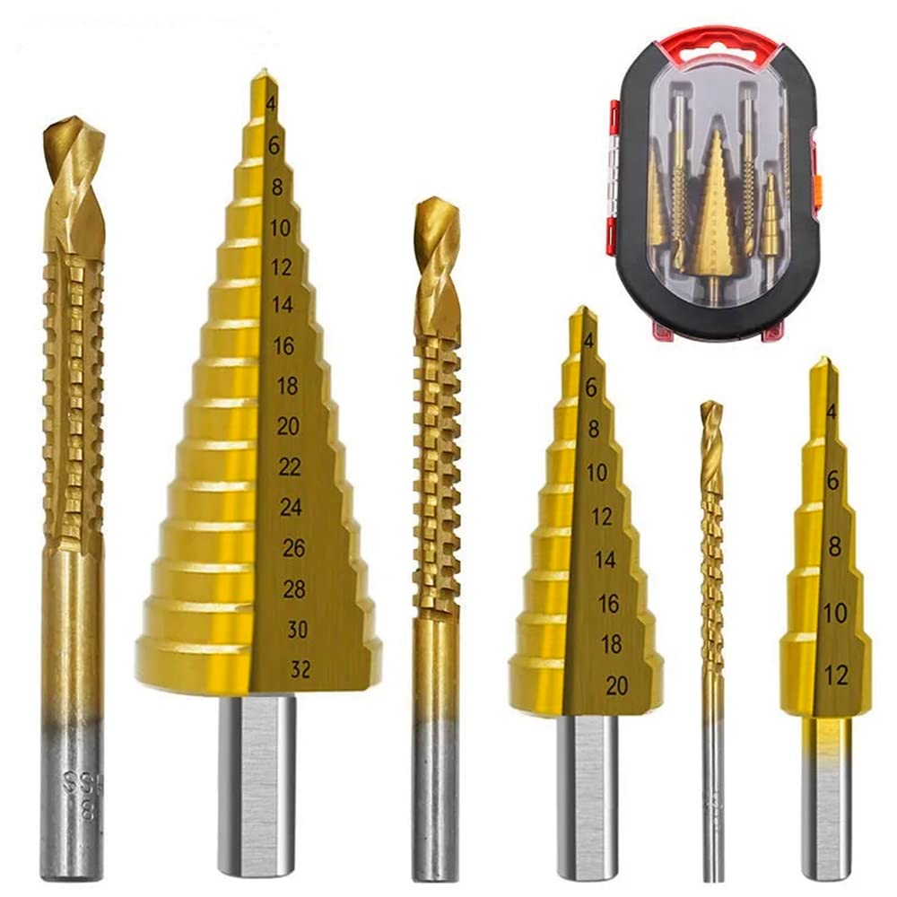 OPPSIUE Step Drill Bit Set, 6PCS HSS High Speed Steel for Stainless Steel, Metal, Wood, PlasticDrilling 4-32MM / 4-20 MM / 4-12MM / 6MM / 8MM / 3MM