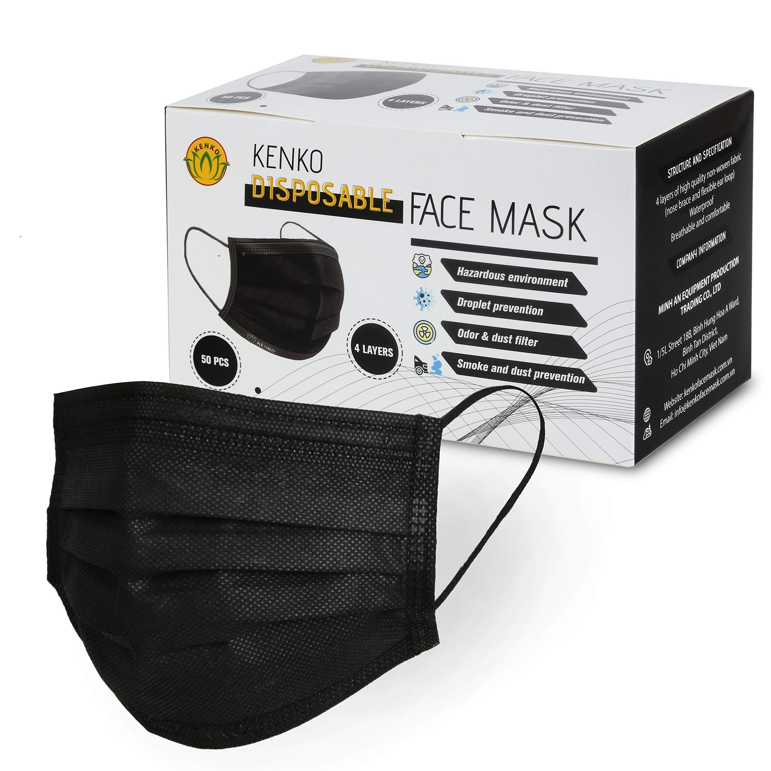 Kenko 50 pcs 4-ply MEDICAL Face Masks Black & 50 pcs Disposable 4-Ply Face Masks Black, Breathable & Comfortable Filter Safety Mask, Protection