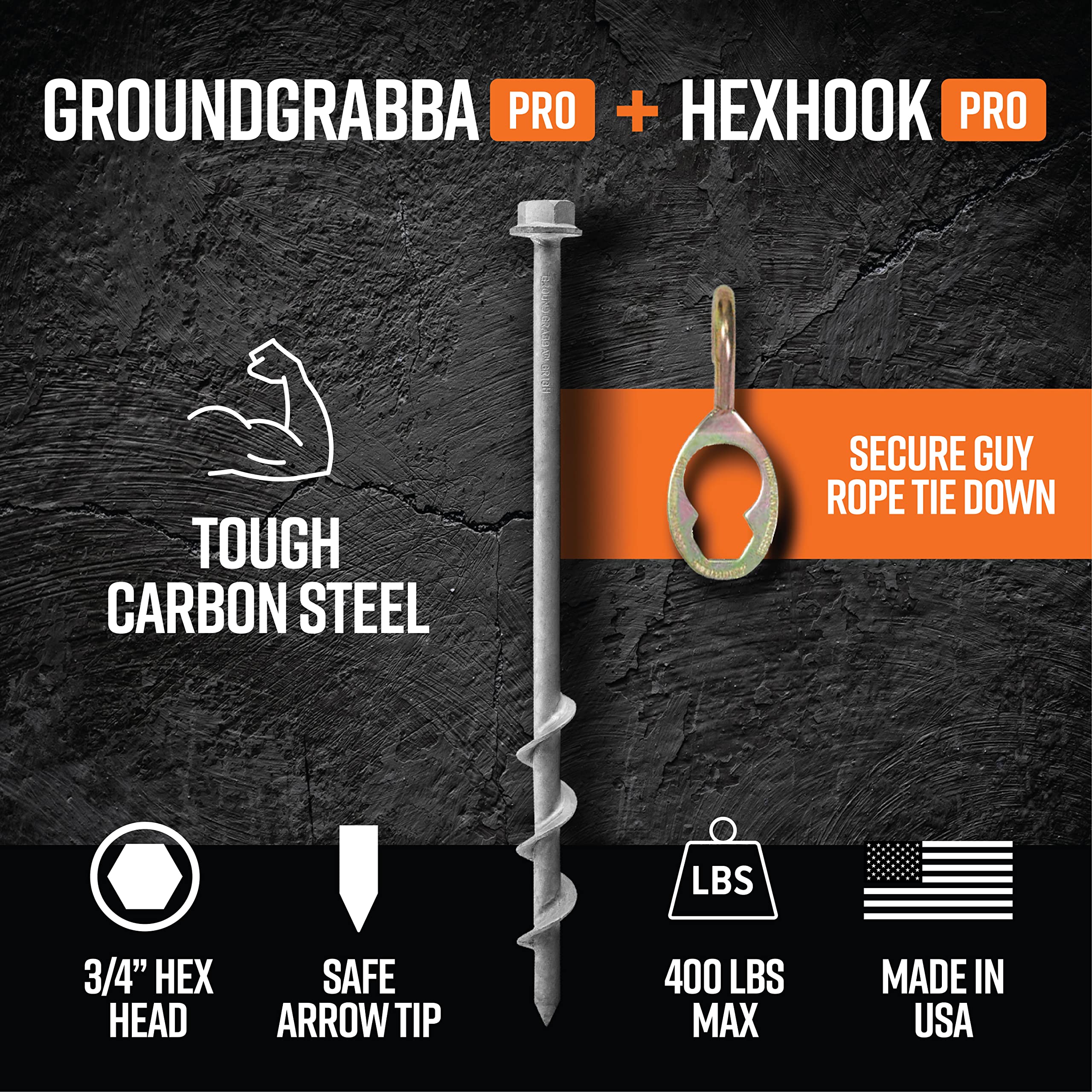 GROUNDGRABBA Ground Anchor Screw Kit - 2X HexHooks & 2X 1 Ft Ground Anchors Heavy Duty for High Winds | Ground Anchor Kit for Swing Sets | Screw in Anchor for Pop-Up Canopy, Tents and More