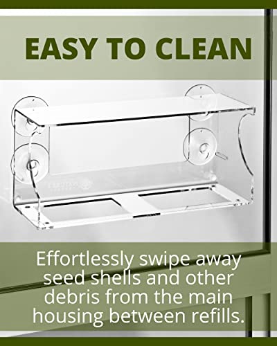 Nature's Envoy Window Bird Feeder β Clear View for Birdwatching - Strong Suction Cups for Outside - Slide Out Seed Tray w/Drain Holes for Easy Refill & Clean - Acrylic Outdoor Feeder for Wild Birds