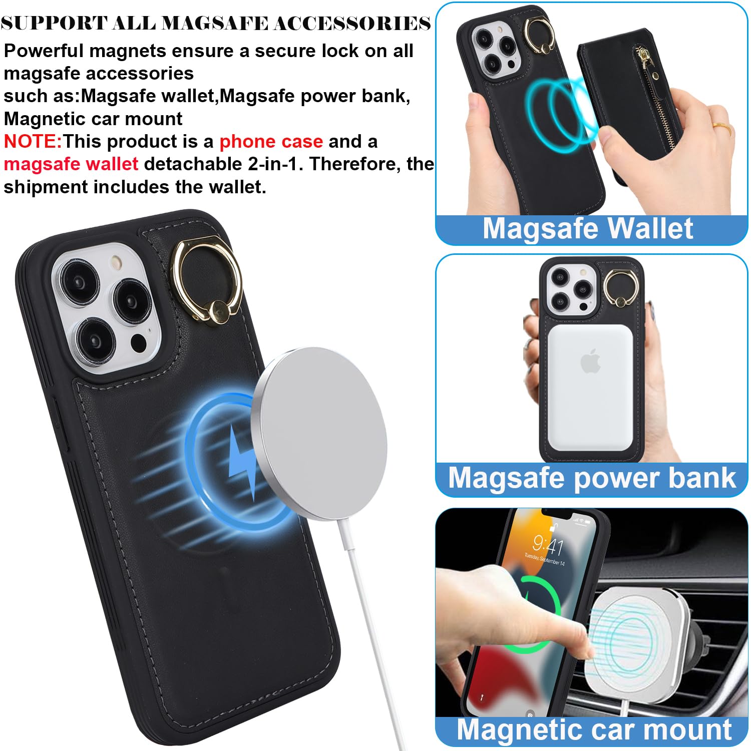 Havaya for iPhone 13 pro max case with Card Holder iphone 12 pro max phone case magsafe compatible for women leather zipper phone wallet detachable 2-in-1 magnetic for men-Black