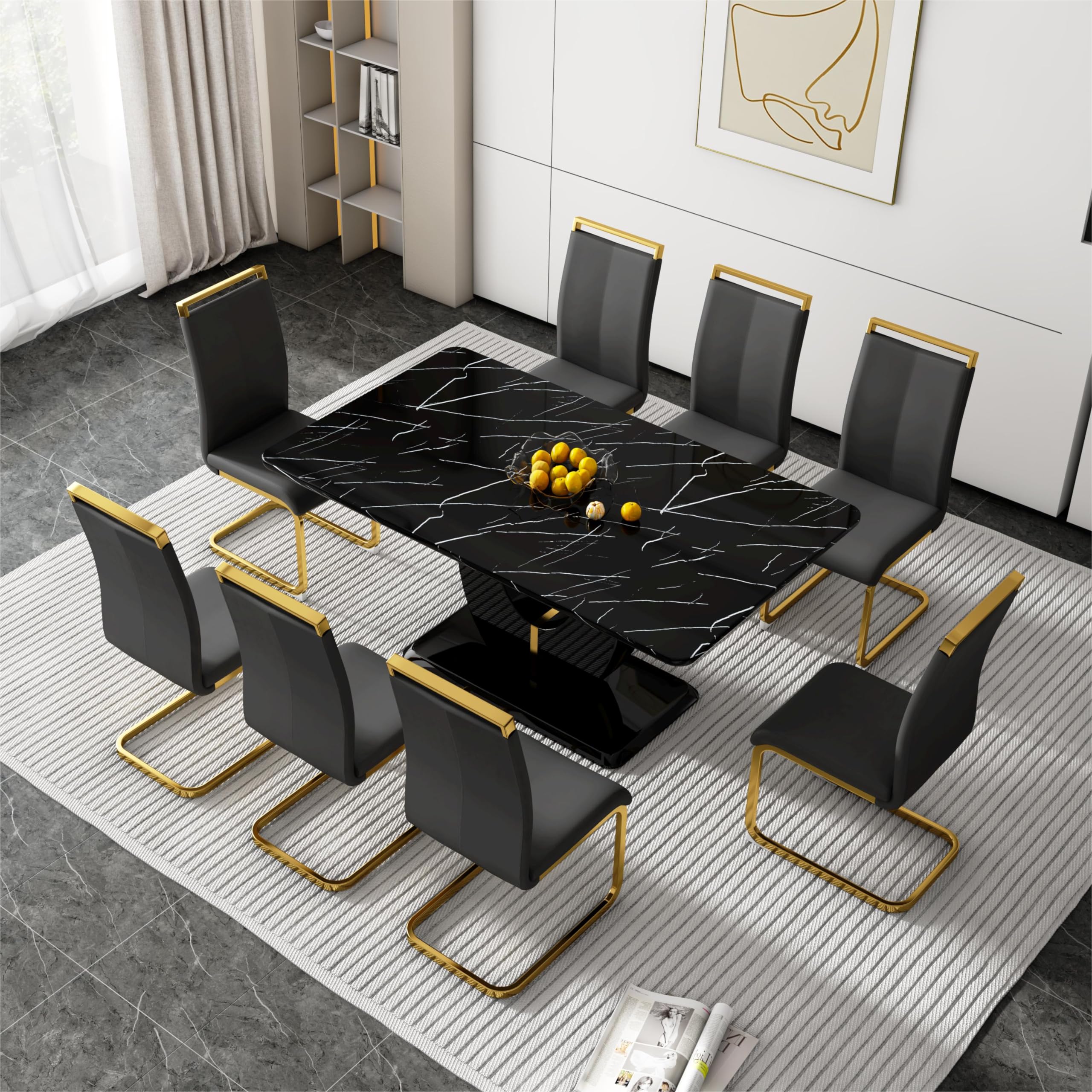 HAIZAO 63 inch Marble Dining Table Set for 8, Black Marble Grain Finish Tabletop Dining Table with MDF Base, PU Faux Leather Chairs with Golden Metal Legs, for Dining Room Kitchen, Black