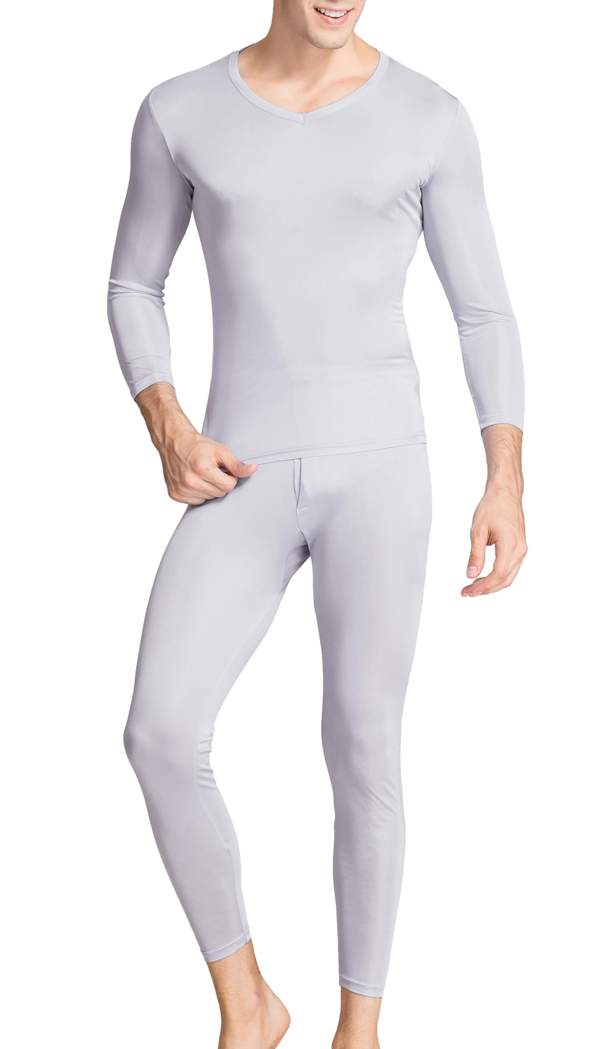 Grenasasilk Men's Silk Long Johns Mulberry Silk Long Underwear V-Neck Breathable Thermal Underwear Sets & Undergarments (L, Silver Grey)