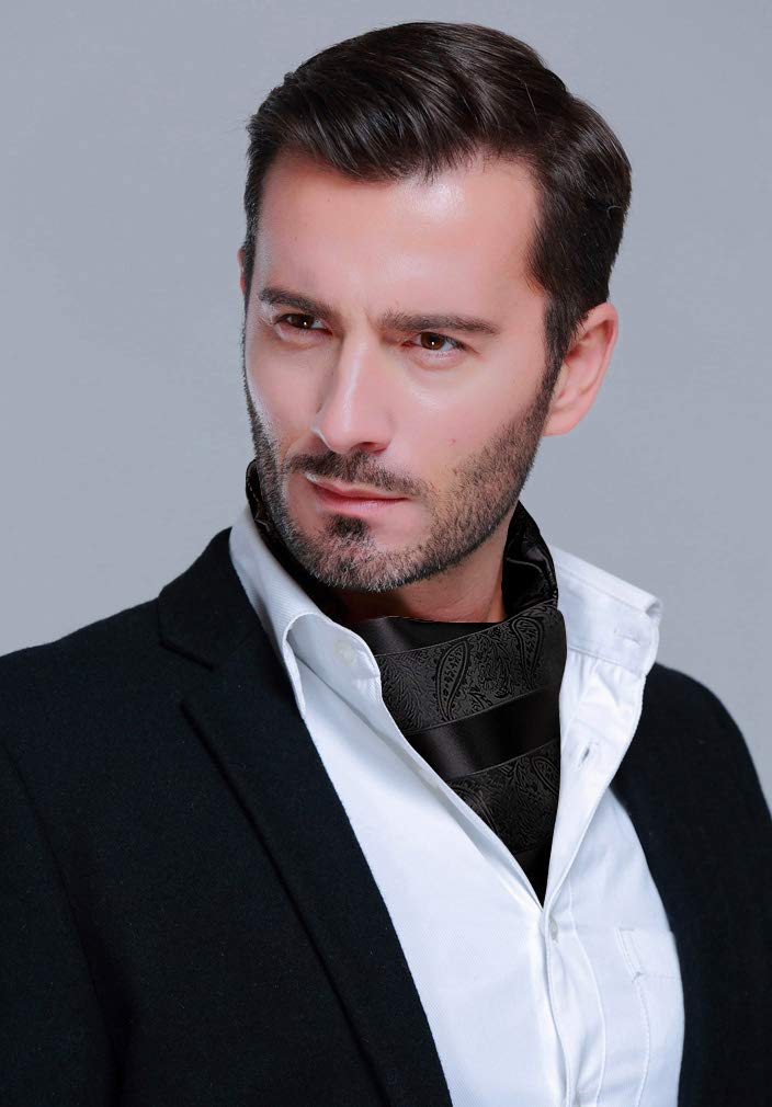 HISDERN Black Ascot Tie Mens Formal Cravat Ties Floral Paisley Polka Dot Jacquard Self Ascots Cravat Scarf Wedding Party