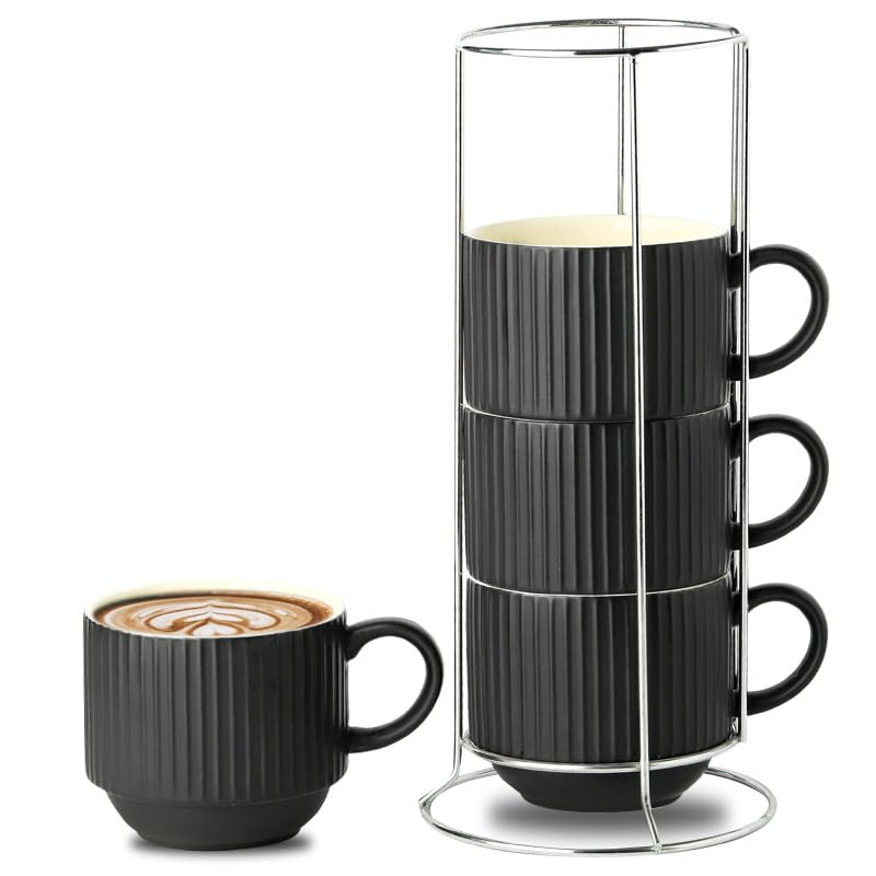 Hasense 15 OZ Stackable Coffee Mugs Set of 4 - Ceramic Embossed Coffee Cups Large Porcelain Restaurant Drinking Cups with Rack Perfect for Coffee, Tea, Cocoa, Milk and Latte, Green