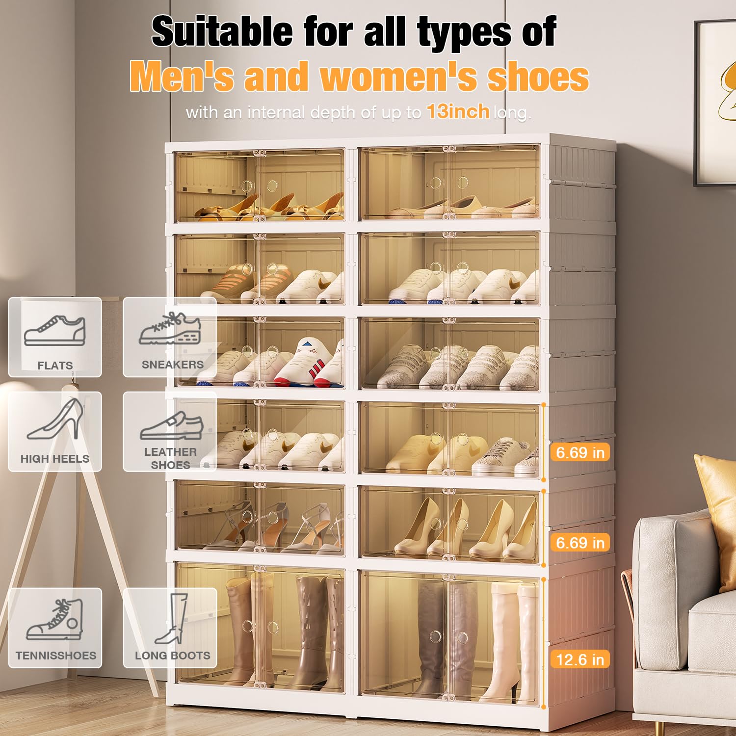 Tokokimo 6-Tier Foldable Shoe Rack, 24 Pairs Shoe Storage, Portable Shoe Rack Organizer with Magnetic Clear Door, Fast Easy Assemble Shoe Cabinet