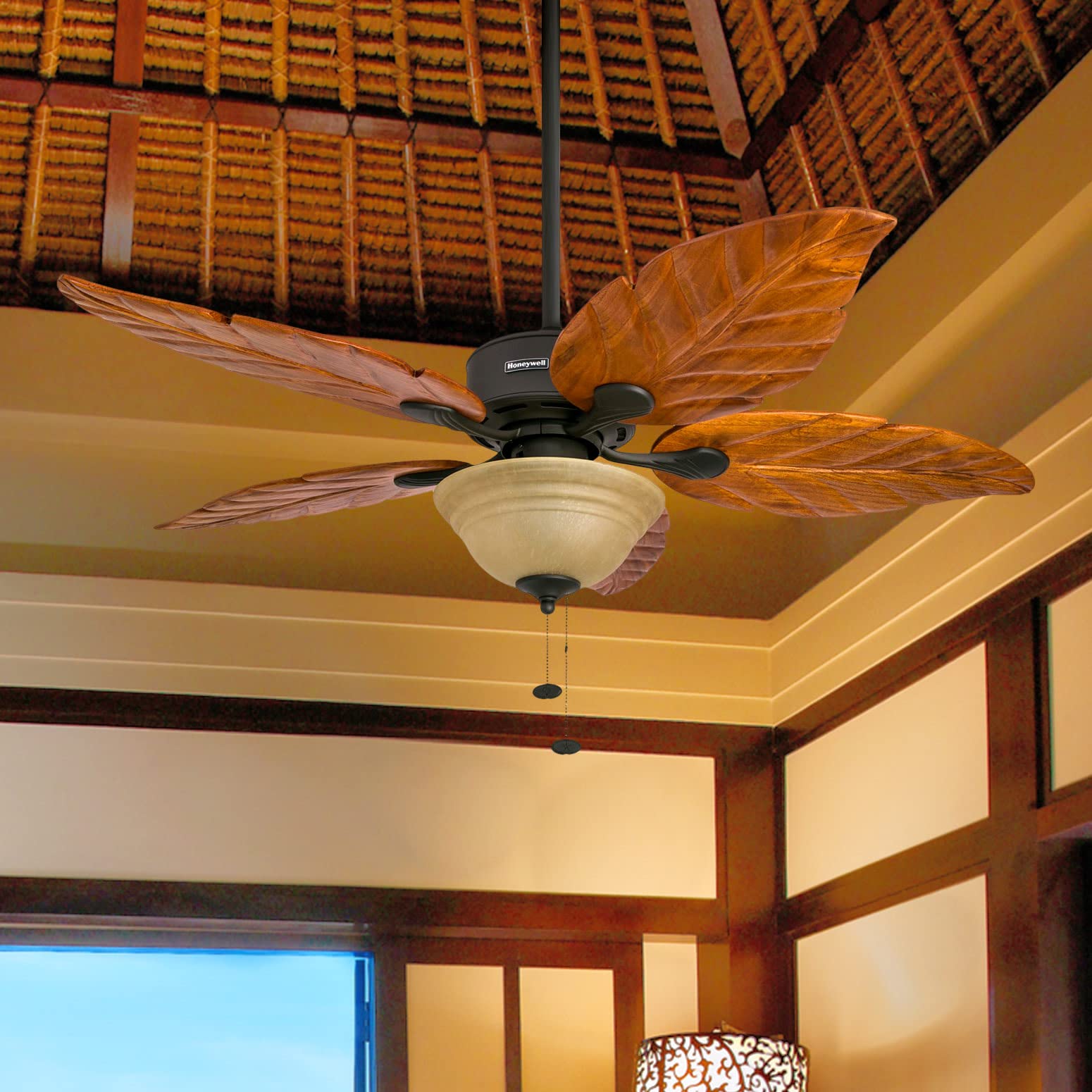 Honeywell Ceiling Fans Royal Palm, 52 Inch Tropical LED Ceiling Fan with Light, Pull Chain, Three Mounting Options, Hand Carved Solid Wood Blades - 50204-01 (Bronze)
