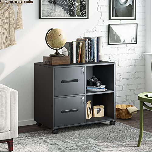 YITAHOME 2-Drawer Filing Cabinet, Thickened Steel Mobile Lateral Filing Cabinet On Wheels for A4/Letter Size, Printer Stand with Open Storage Shelves for Home Office