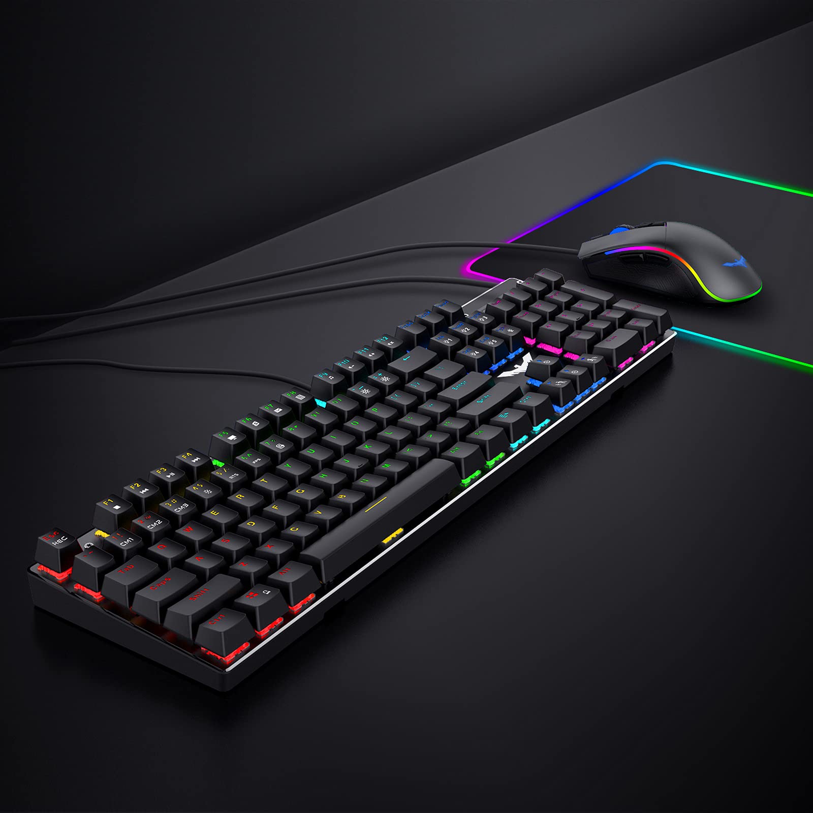 havit Mechanical Keyboard and Mouse, Wired Gaming Keyboard Blue Switch 104 Keys Rainbow Backlit Keyboard and 7 Button Wired Mouse 4800 DPI for PC Computer Gamer (Black)