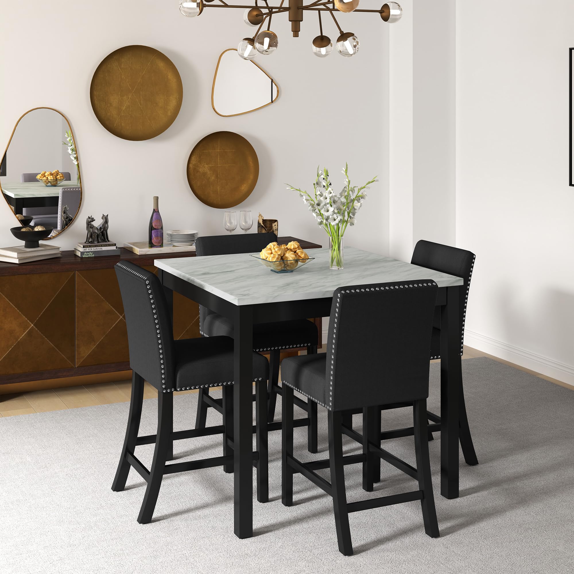 Harper & Bright Designs 5-Piece Counter Height Dining Table Set,Kitchen Table Set with One Faux Marble Dining Table and 4 Upholstered-Seat Chairs for Kitchen and Living Room Furniture,Gray