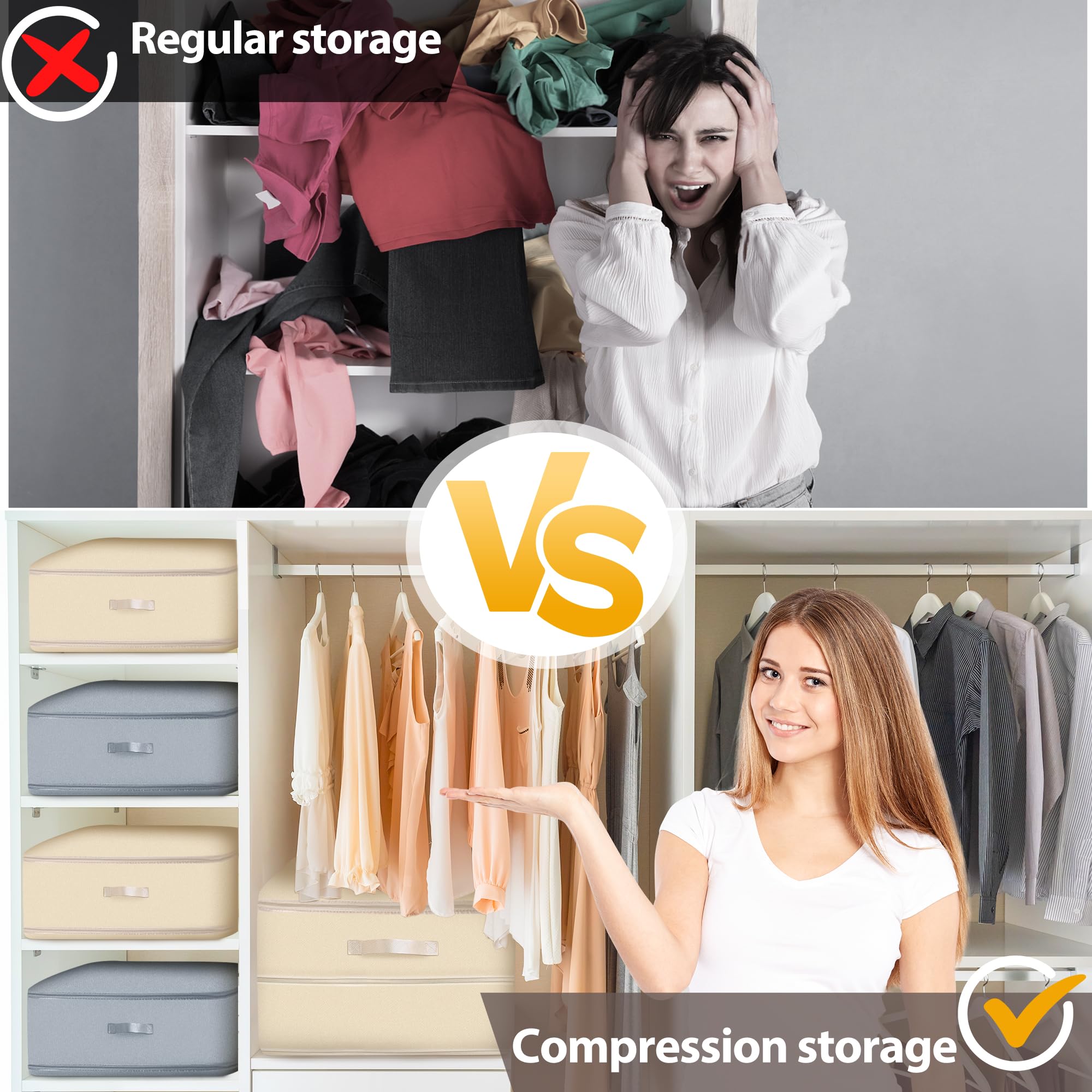 Ultra Space Saving Self Compression Organizer, 4 Pack Comforter Storage Bag, Clothes Storage Bag Bedding Storage with Zipper, Compression Bags for Storage Foldable Storage Bags (Grey, XL (54*42*50CM))