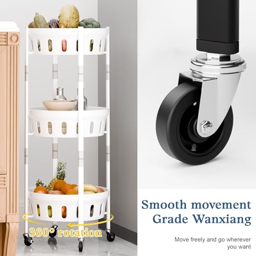 TOLUON Foldable Kitchen Storage Rack with Universal Wheels, 3 Tiers Large Capacity Smooth Sliding Vegetable Basket, Sturdy Construction No Installation Sundries Storage Shelf for Dorm Office White