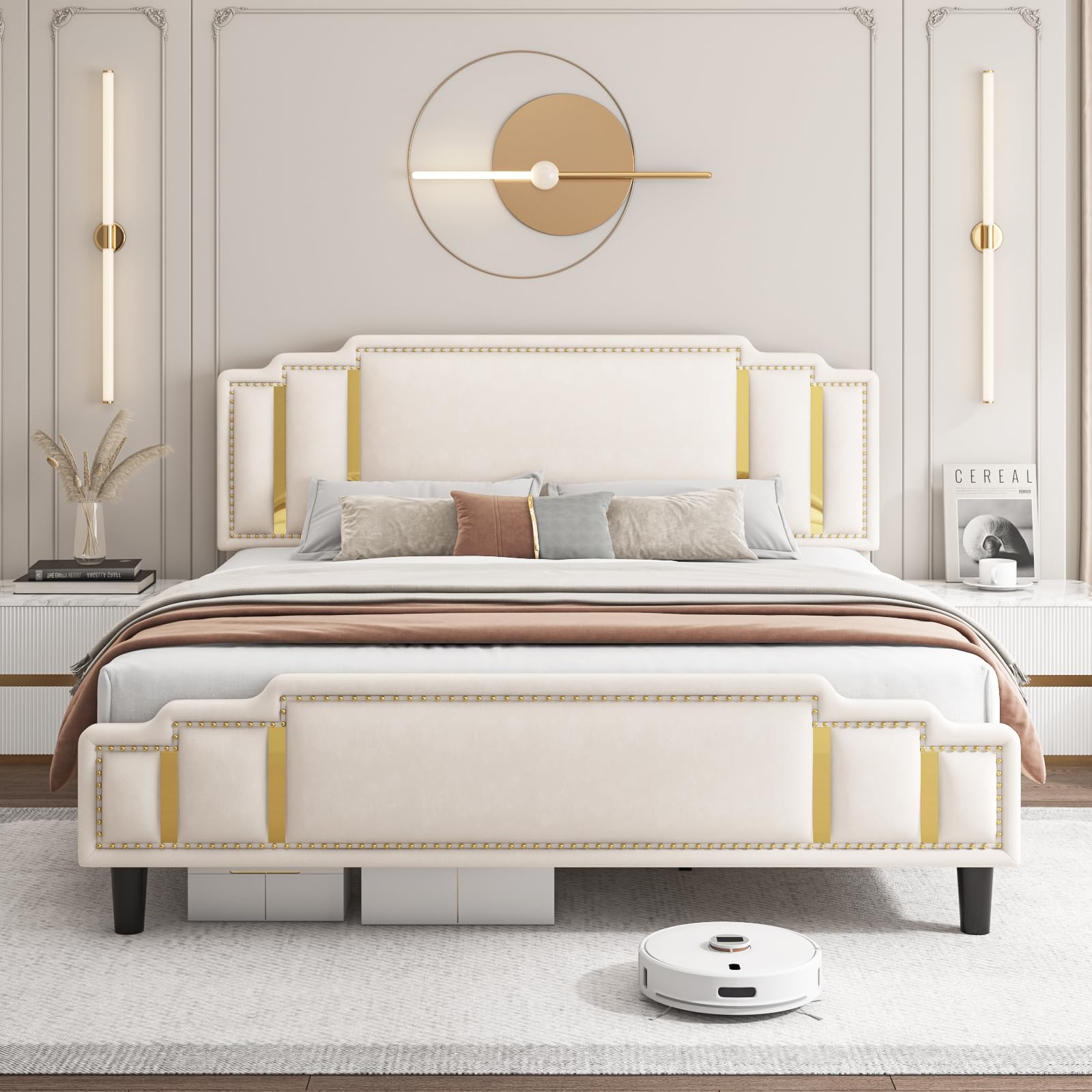HIFIT Beige Queen Size Bed Frame and Height Adjustable Headboard, Mid-Century Modern Velvet Upholstered Platform Bed Frame with Golden Iron Slice & Nails, 43.9"-45.8" H
