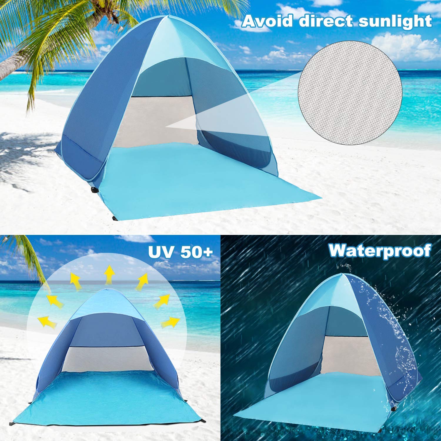 Havon Beach Tent Large Pop up Tent Camping Sun Shelter Anti UV Instant Beach Shade for 2-3 Person Blue