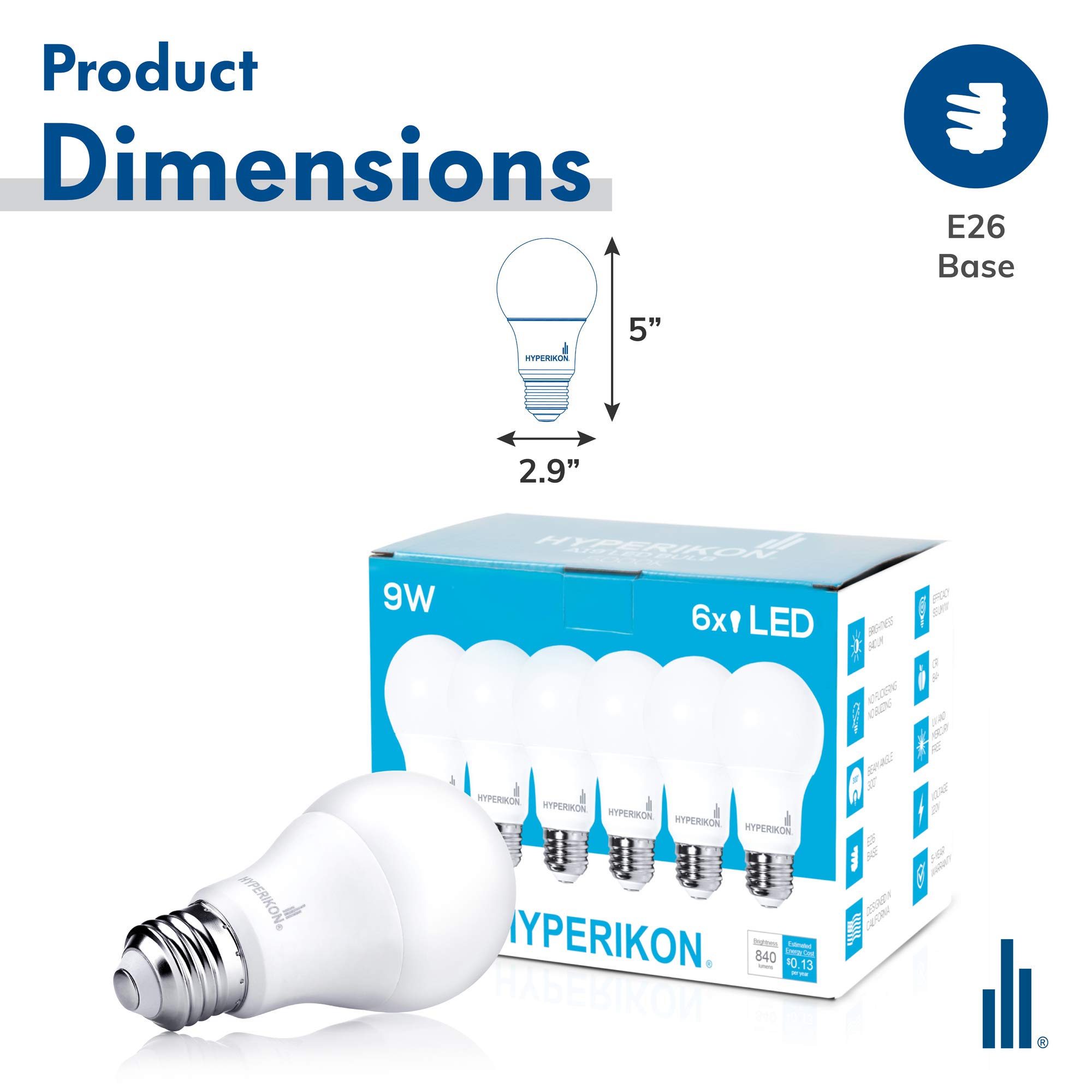 Hyperikon LED Light Bulb A19 9W=60W, Non Dimmable LED Lighting E26 Medium Screw Base, Omnidirectional, UL, Crystal White, 6 Pack