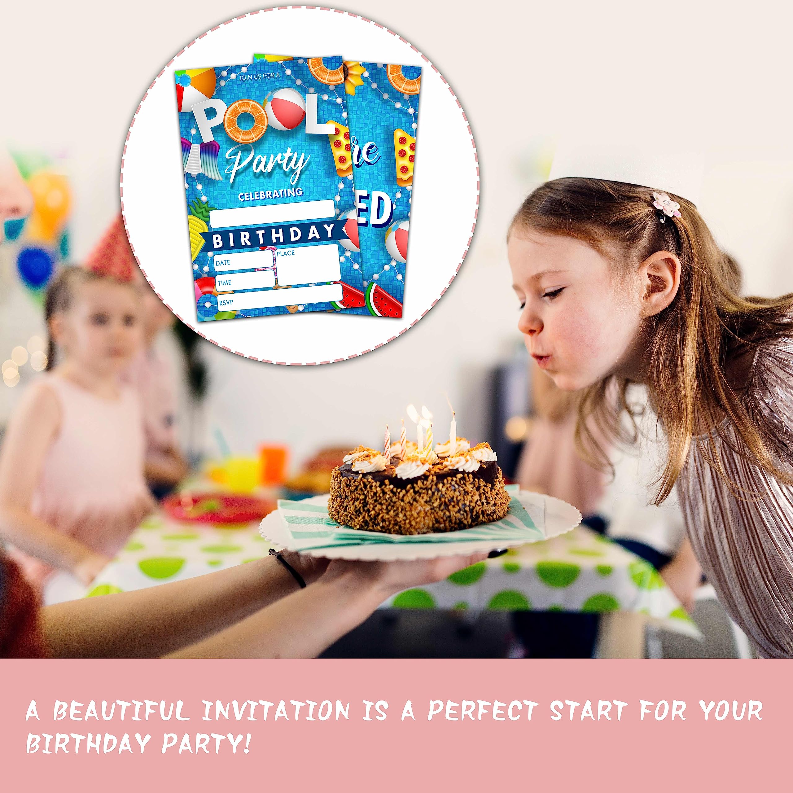 TIRYWT Pool Party Birthday Invitations with Envelopes(20-Pack), 4"x6" Fill-In Style Summer Swimming Pool Birthday Party Invites -A01