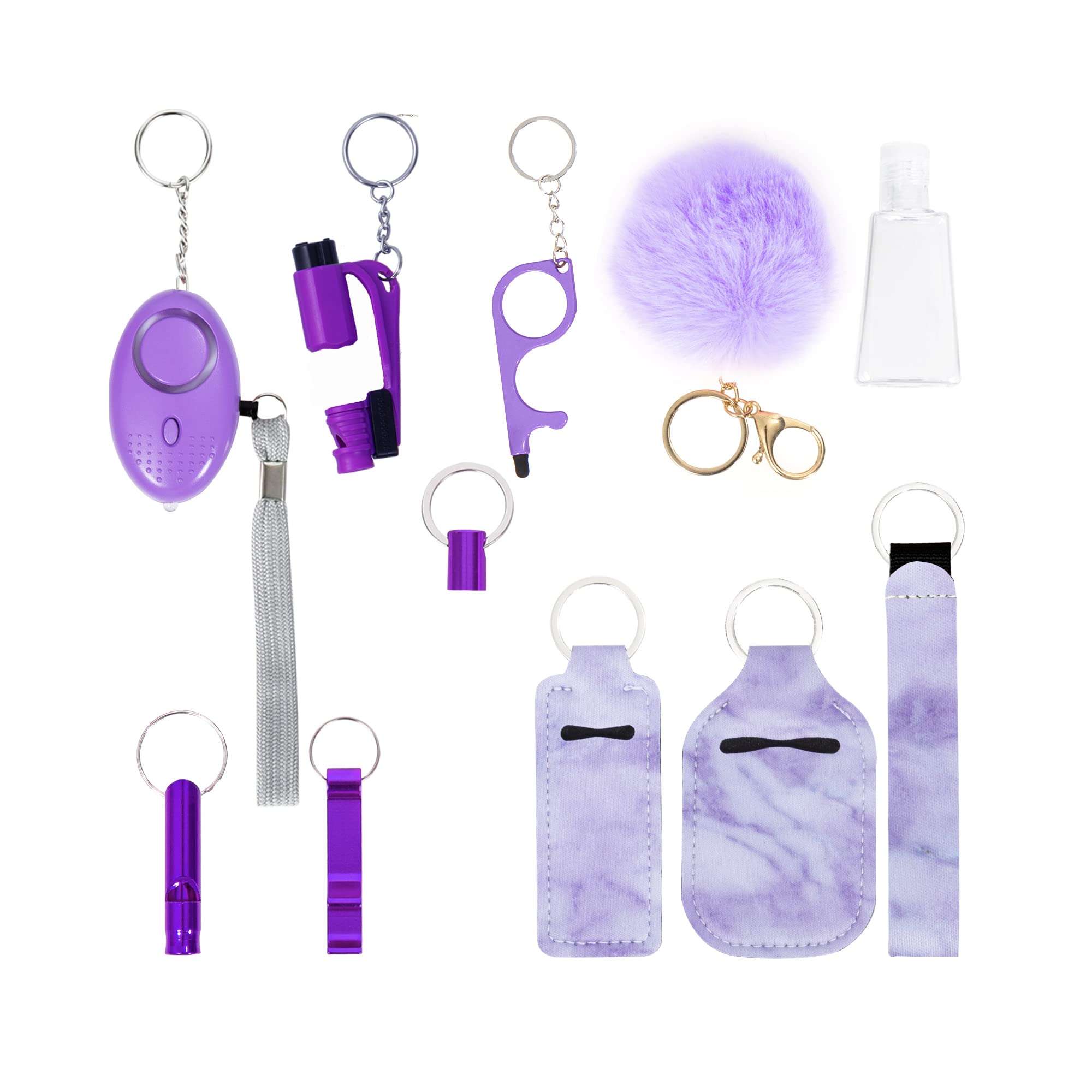 Keychains Set for Girls Safety Alarm with Flashlight, Pom Pom, Wristlet and Multi-Function Keychian Wristlet Purple