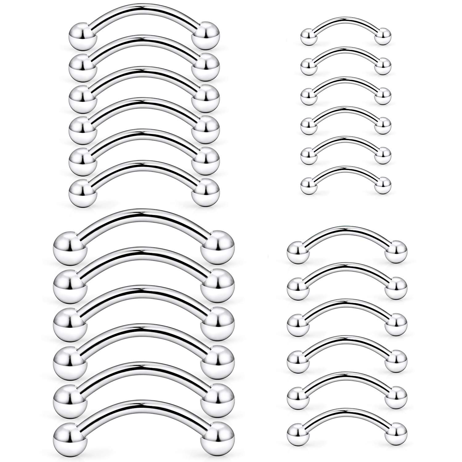 Hoeudjo Eyebrow Piercing Jewelry 16G Surgical Steel Curved Barbell with Ball Kit Tragus Ring Piercings Jewelry 24Pcs 6mm 8mm 10mm 12mm Silver-Tone