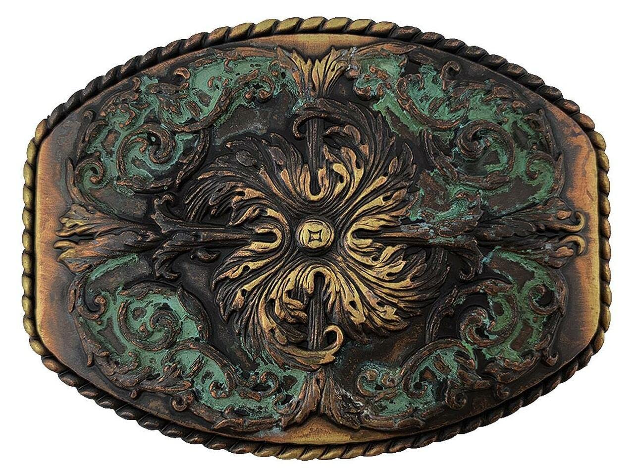 HA0016 Western Floral Engraved Ornate Design Belt Buckle Fits 1-1/2"(38mm) Belt (Antique Patina)