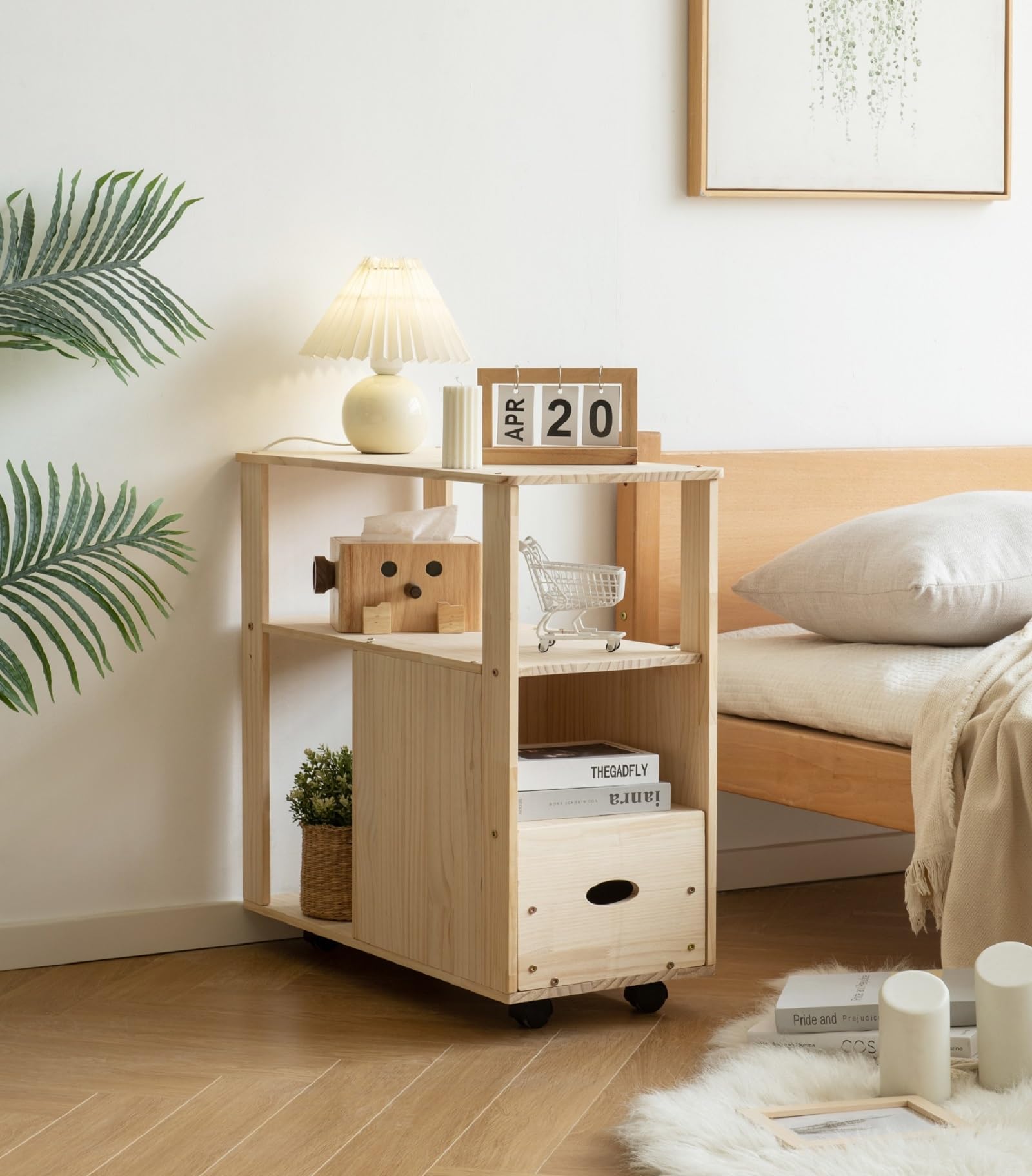 Heehee Movable Solid wood Sofa Side Table with Wheels sofa sideboard Narrow End Table Bedside Nightstand with Storage Shelves corner table for living room Bedroom