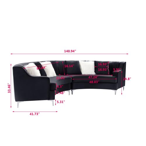 Yoglad Upholstered Curved Sectional Sofa, Modern Style Semicircle Couch, Tufted Sofa with Metal Legs, Circular Sofa with Villose Pillows for Living Room (Black, 140" Stripe Style, Velvet)