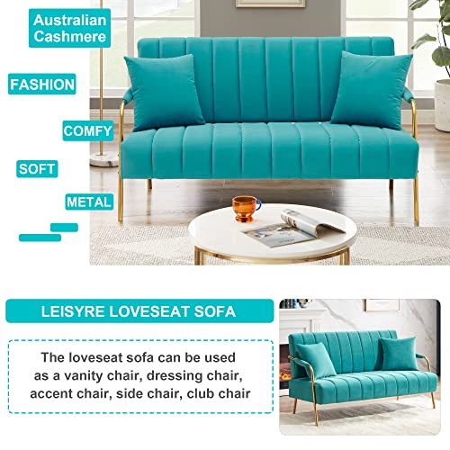 Yoluckea Cashmere Loveseat Chair Modern Loveseat Sofa with Gold-Finished Metal Legs Comfortable Sofa Couch Accent Sofa with 2 Small Pillows for Living Room Bedroom Load 500 Pounds (Blue)
