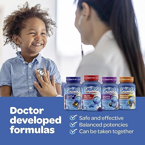 The Smurfs 1mg Melatonin Gummies for Kids with Chamomile & Lemon Balm for a Restful Sleep Age 3+ | Non-Habit Forming | Made with Real Fruit in a Smurf Berry | Doctor Developed | 50 Vegetarian Gummy