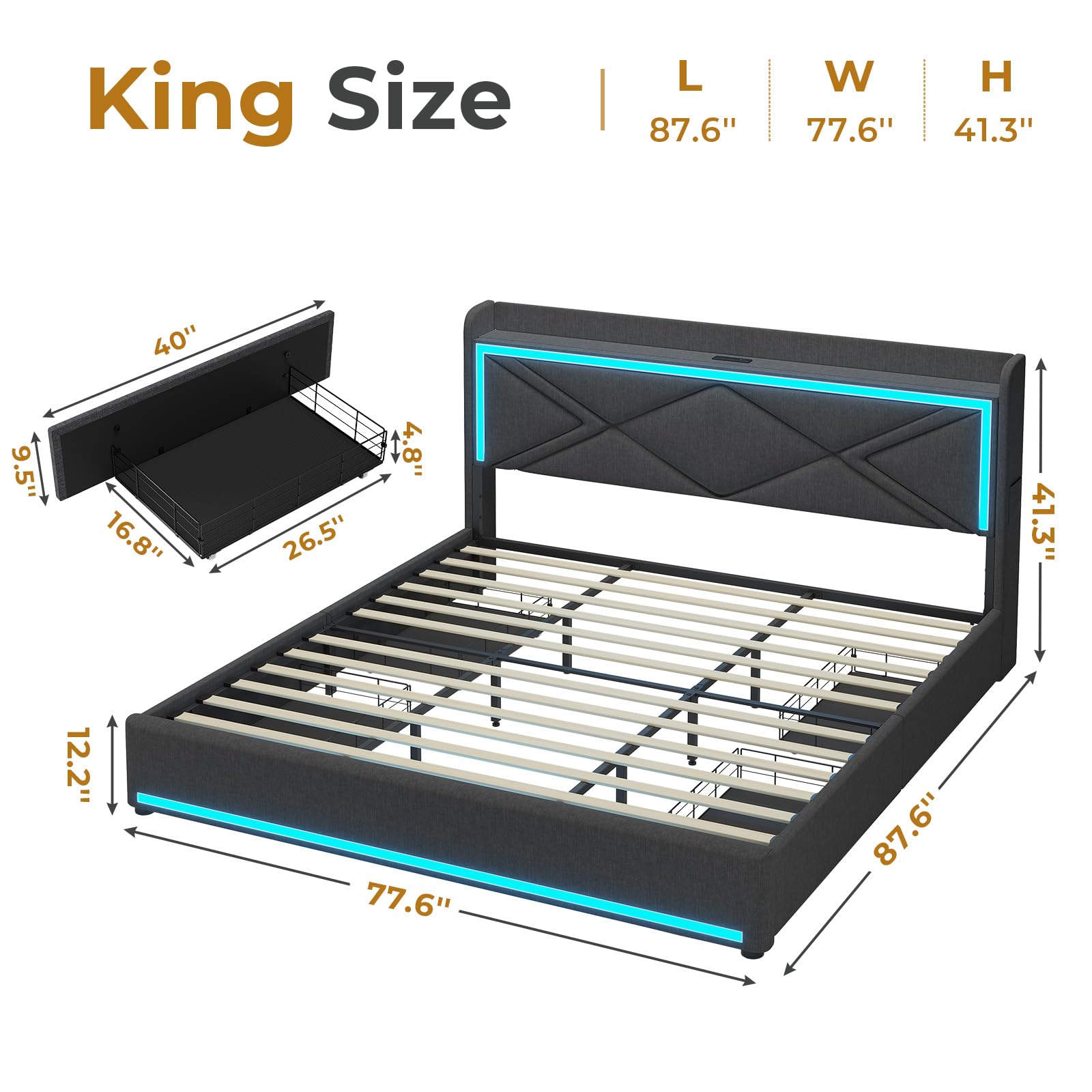 HAUOMS King Size LED Bed Frame with Storage Headboard and Charging Station, Upholstered King Platform Bed Frame with 4 Drawers, Upgraded 2-Row Support Bars, Noise Free, Dark Grey