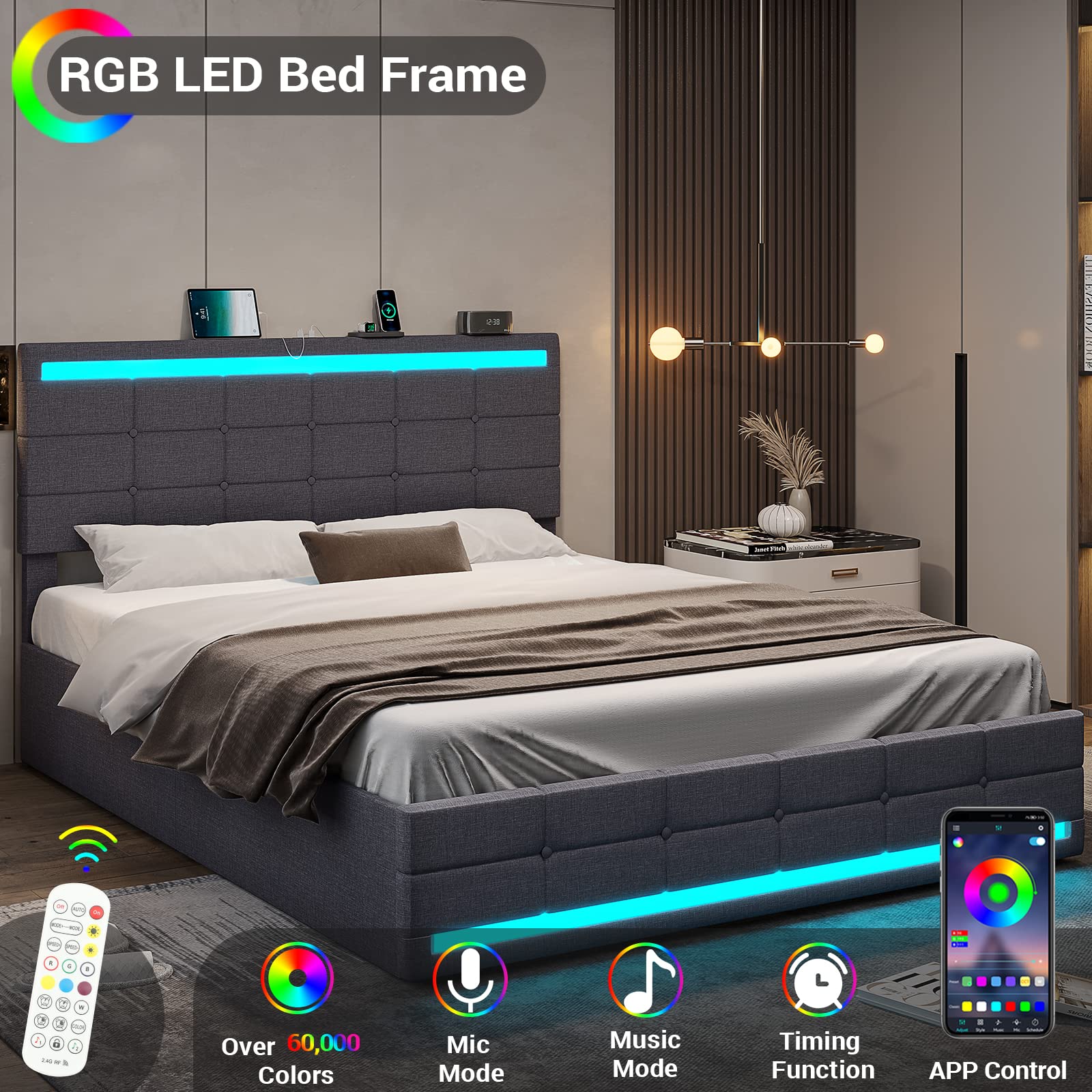 HAUOMS Queen Platform Bed with 4 Storage Drawers, Adjustable Headboard LED Lights, Dark Grey