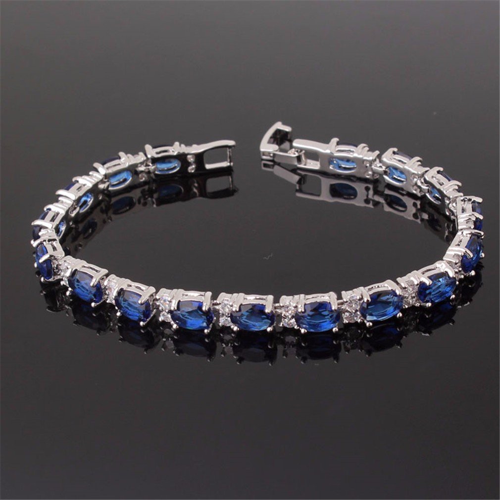 GULICX White Gold Electroplated Cubic Zirconia Blue Crystal Roman Tennis Bracelet Sapphire Color Link Chain