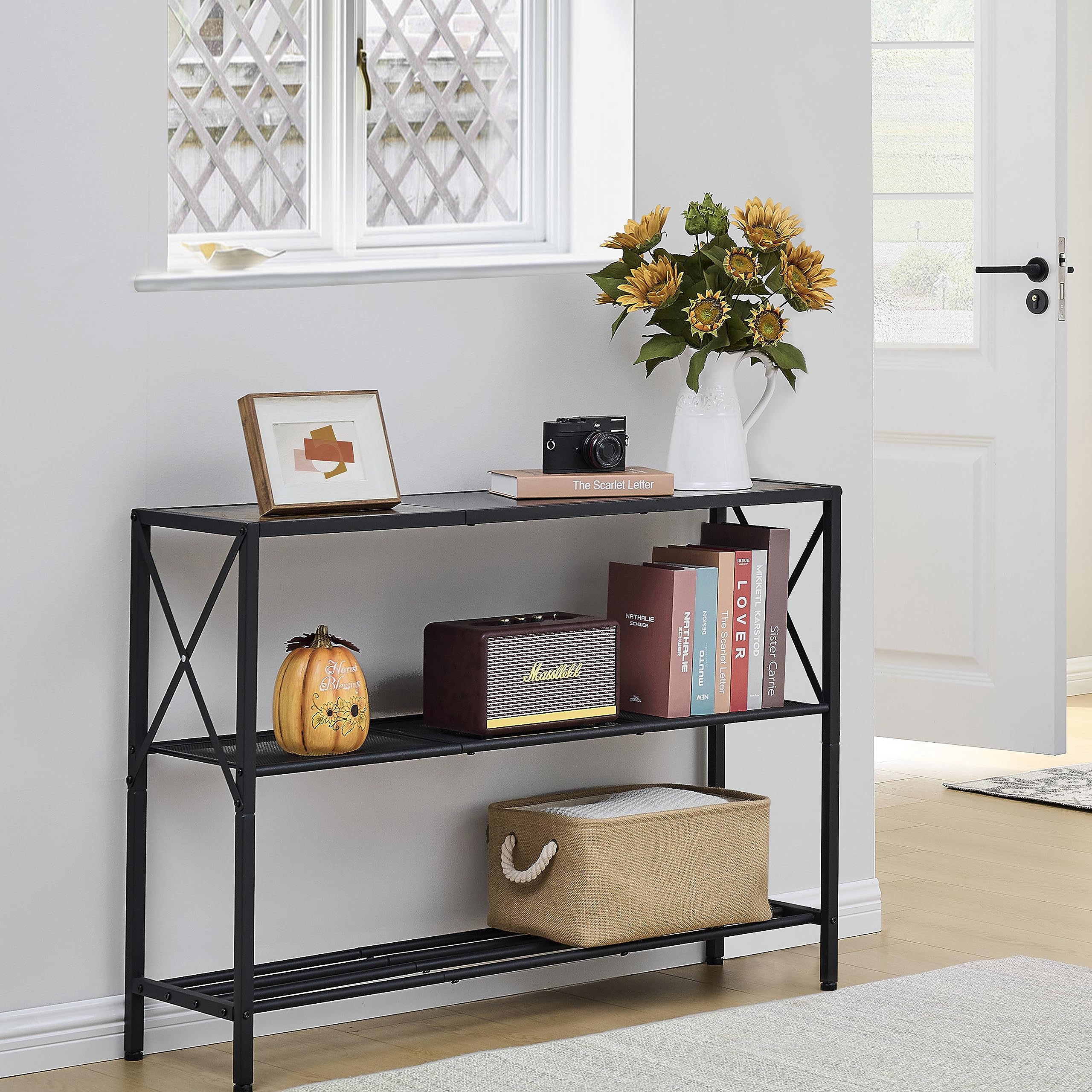 Hoctieon Gold Console Table, 3 Tier Entryway Table, Hallway Table, Narrow Sofa Table with Shelves, Entrance Table for Entryway, Gold and White