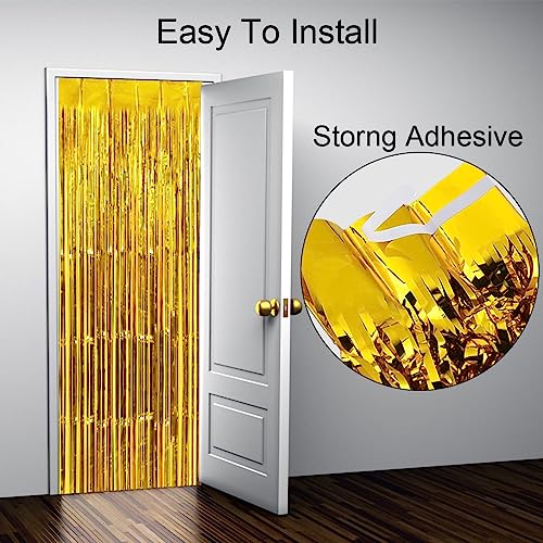 Thicken Gold Foil Fringe Curtains Decorations 3.2x8.2ft - 2 Pack, Photo Backdrop for Birthday Bachelorette Bridal Shower Baby Shower Graduation Party, Party Streams Decor