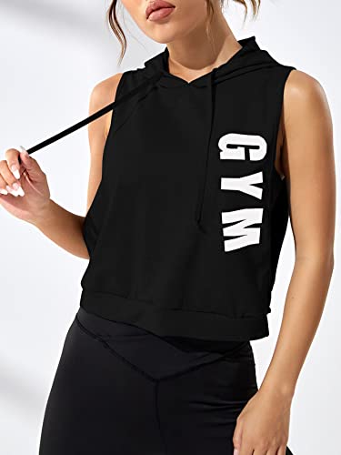 Verdusa Women's Letter Graphic Sleeveless Drawstring Sports Hoodie Workout Shirt Black L