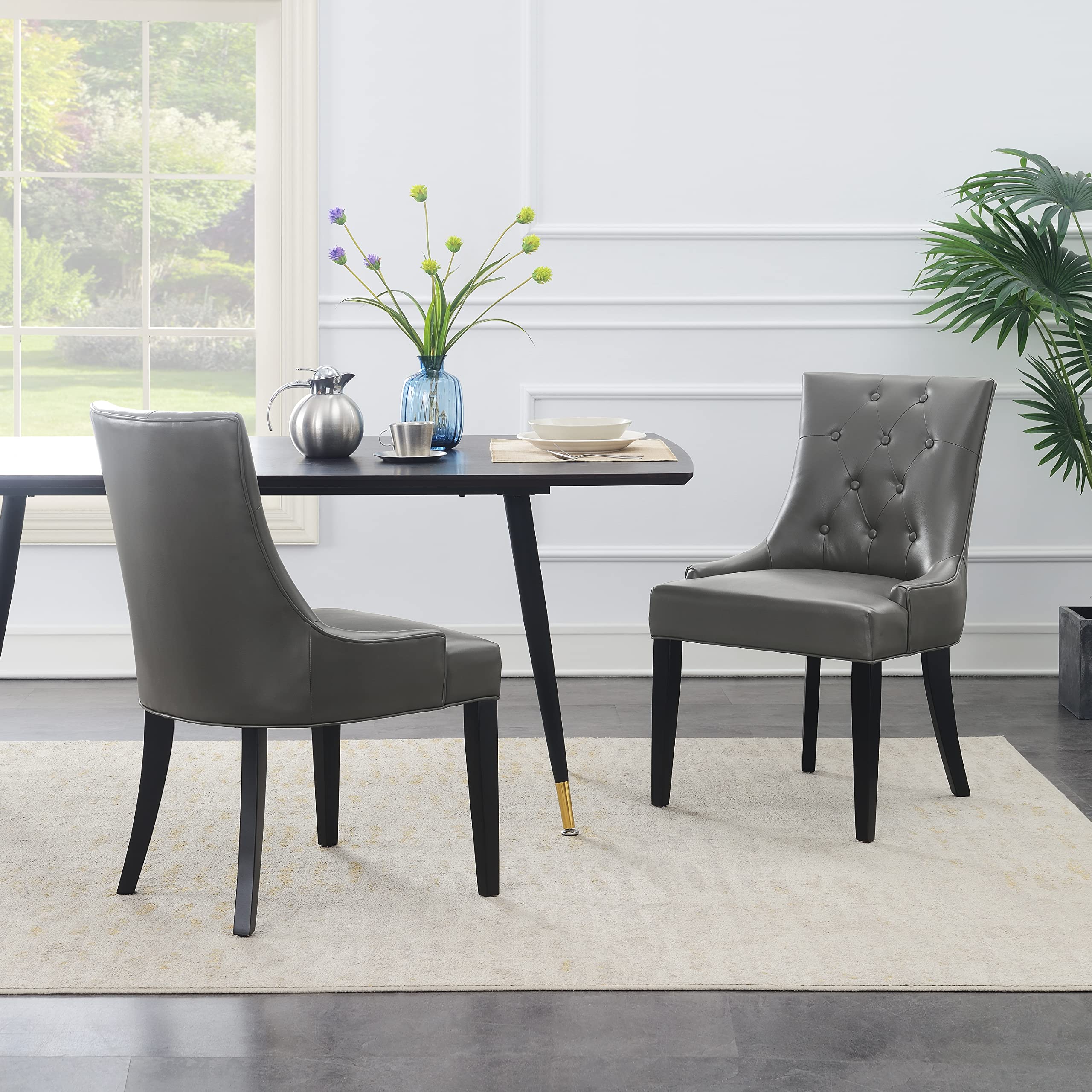 HAUSHECK Set of 2, Modern Upholstered Set with Button Back, Birch Wood Leg, Luxury Tufted Kitchen & Dining Room Chairs for Bedroom, Restaurant, 22.2" W x 24.8" D x 36.22" H, Leather Grey