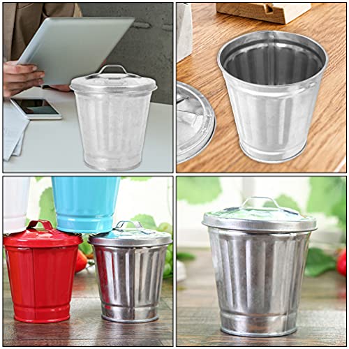 STOBOK 1Pc Mini Trash Can, Desktop Pail Metal Wastebasket Garbage Can Flower Pot Metal Bin with Lid for Bathroom Bedroom Home Office Kitchen Patio Dorm, 9x9. 5cm