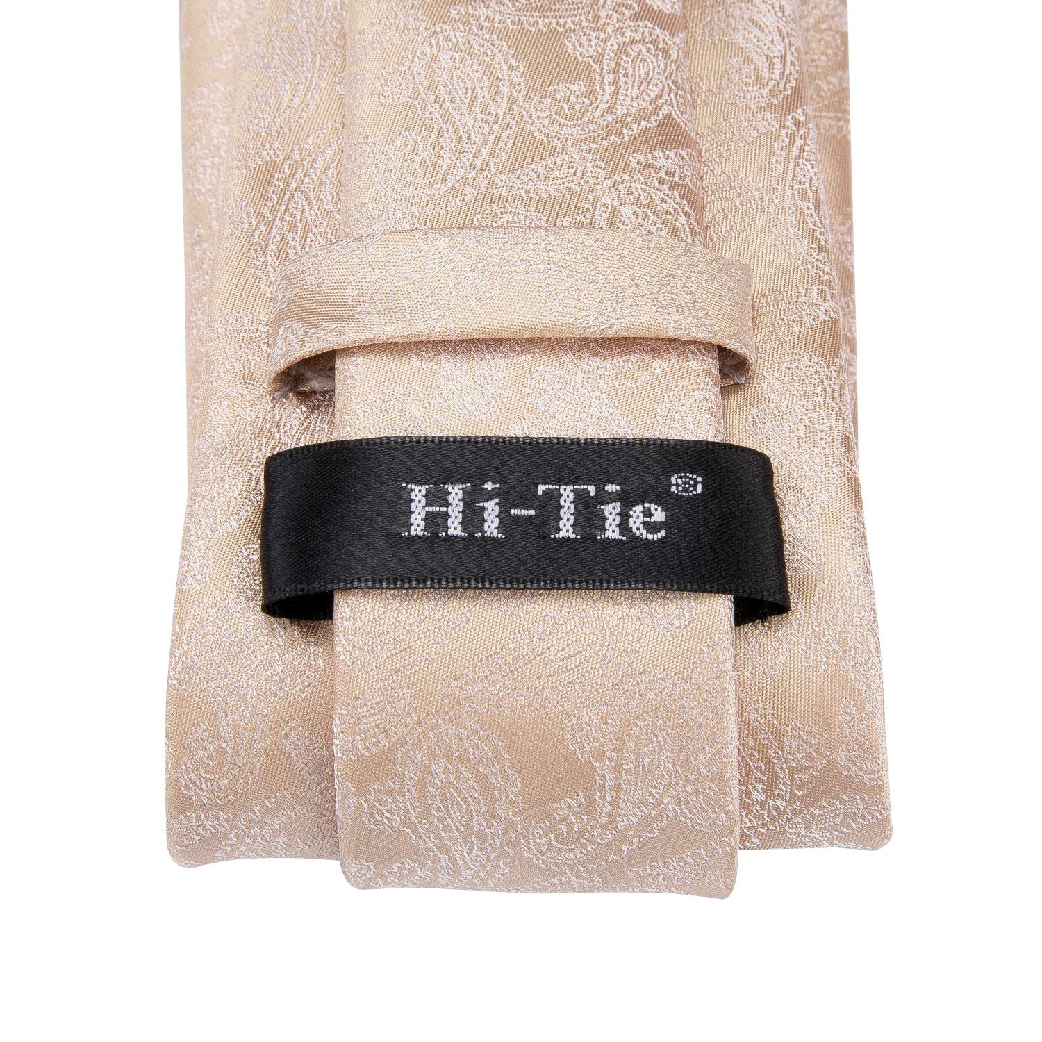 Hi-Tie Champagne Khaki Tie Paisley Silk Mens Neckties with Pocket Square Cufflinks for Wedding Business Party