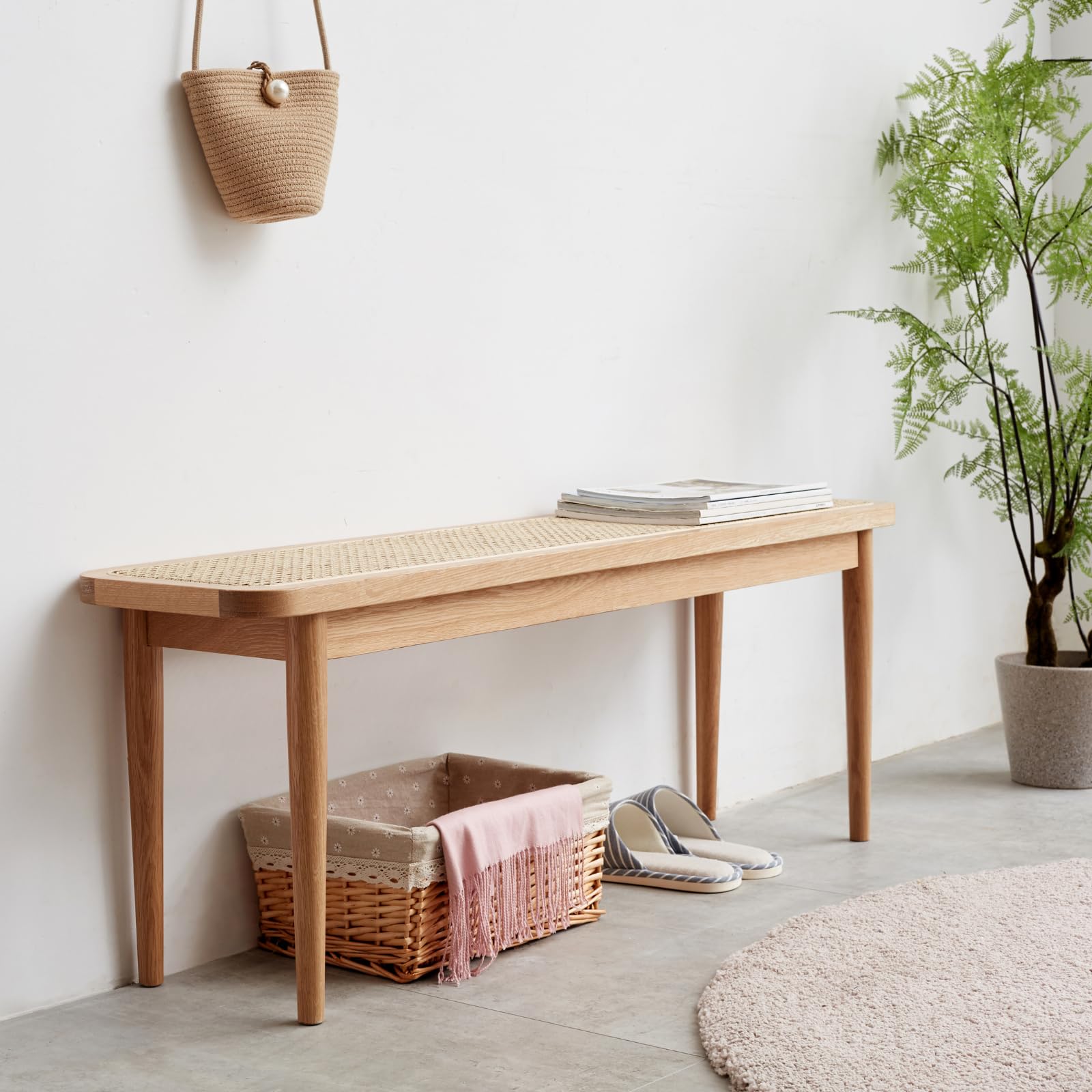 Hymus 100% Solid Oak Wood Bench - Rattan Woven Indoor Bench for Entryway, Dining Room, Bedroom - Premium Quality (Natural, 31.49 inch)
