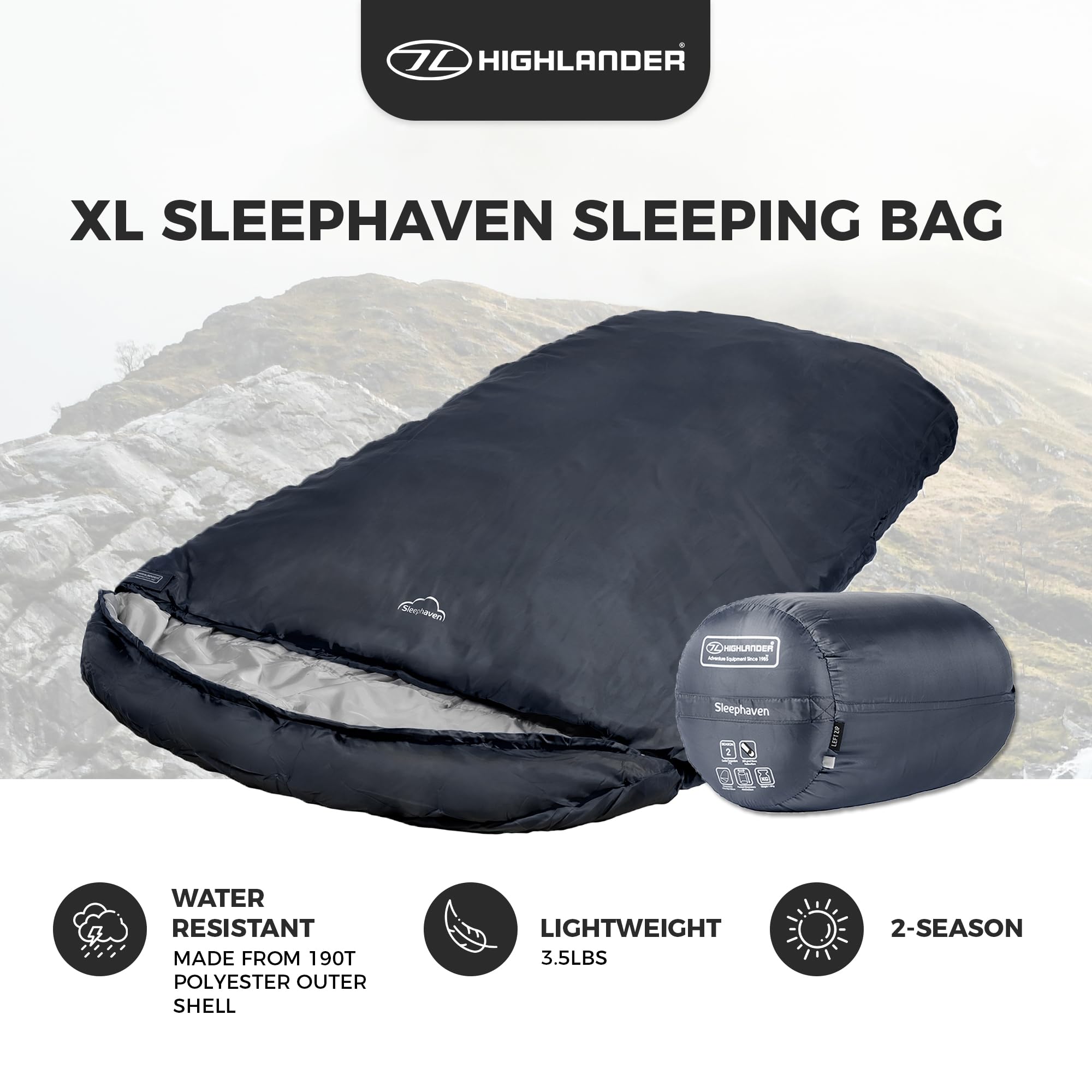 HIGHLANDER Sleephaven Sleeping Bag for Adults & Kids, Extra Large Sleeping Bag for Camping, Hiking, Outdoors, Backpacking
