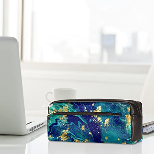 TropicalLife Turquoise Marbling Texture Golden Pencil Case, Portable Pu Leather Pencil Pen Case Pouch Bag with Zipper for Travel, School, Cosmetic Bag
